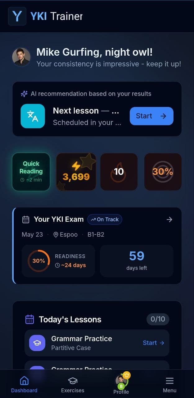YKI Trainer - Finnish Language Test Preparation | AI-Powered