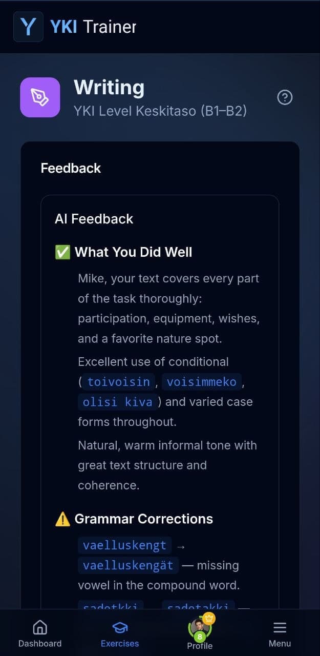 YKI Trainer - Finnish Language Test Preparation | AI-Powered