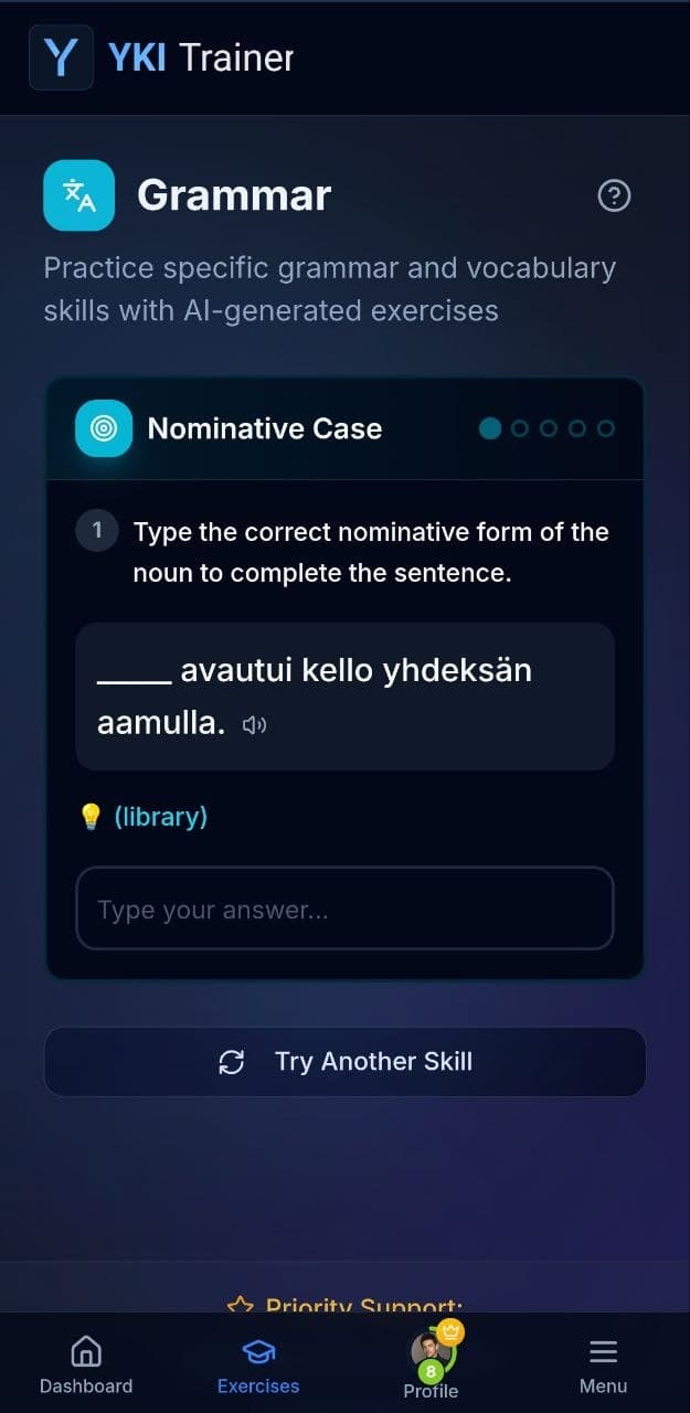 YKI Trainer - Finnish Language Test Preparation | AI-Powered